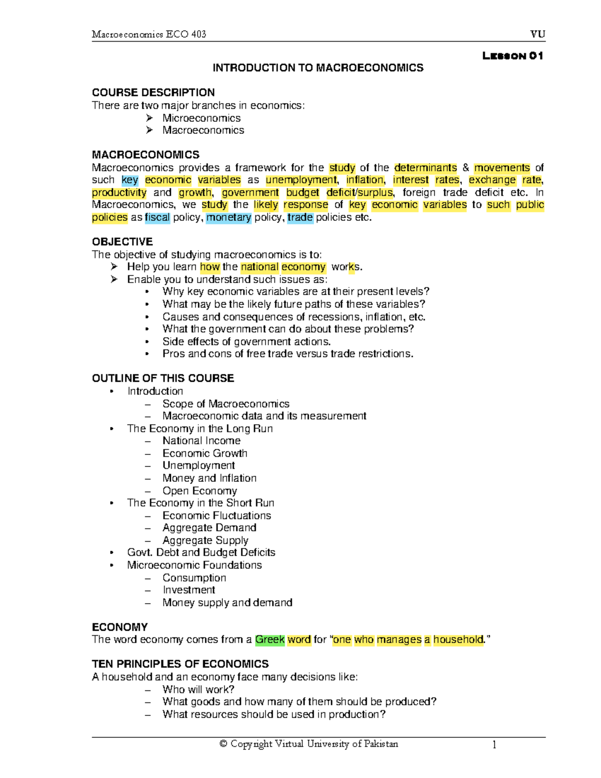 ECO403 Lesson 01: Introduction to Macroeconomics Overview and Key ...