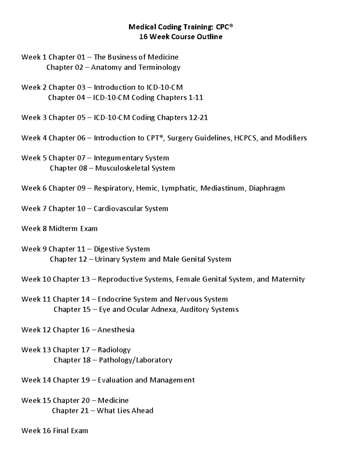 Medical Coding Training: 16-Week Course Outline & Exam Schedule - Studocu