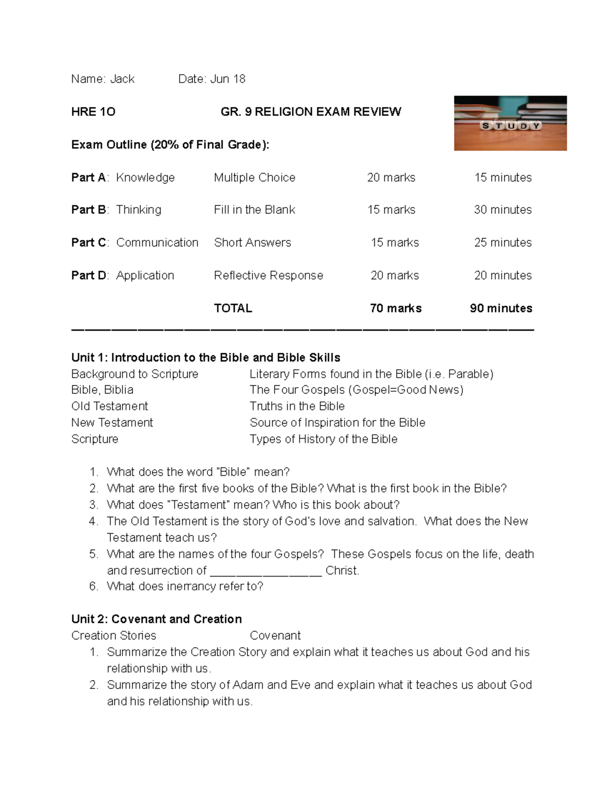 HRE 1O Final Exam Review Outline - June 18, 2026 - Studocu