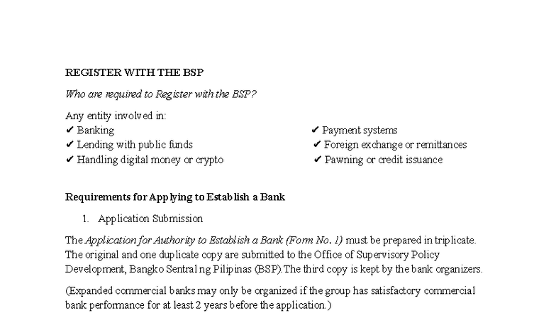 Summary of Requirements for Applying to Establish a Bank (BSP) - Studocu