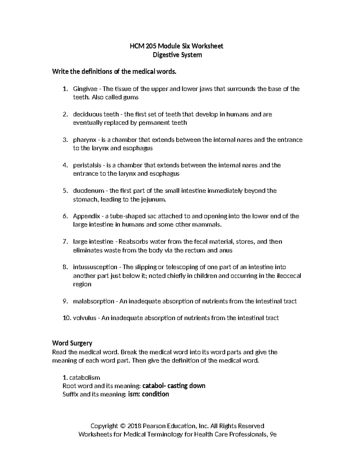 HCM 205 Module Six Worksheet: Definitions & Word Surgery of Digestive ...