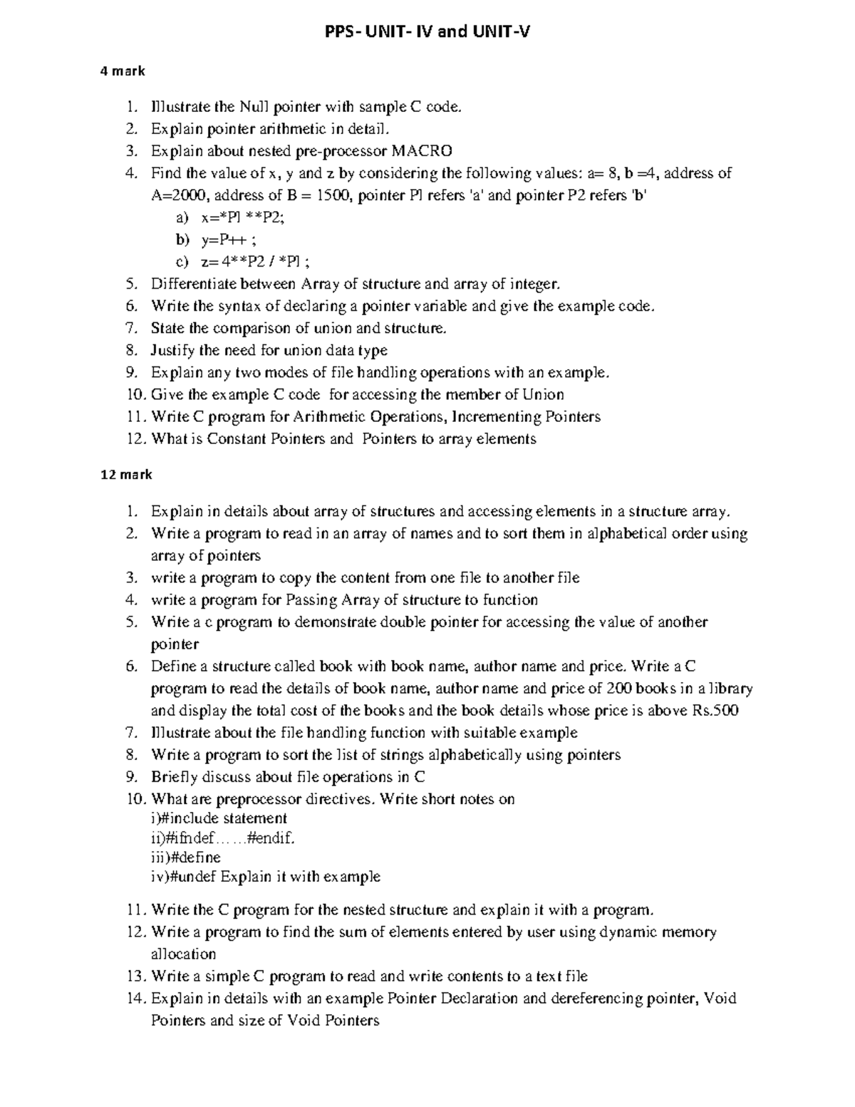 PPS-Unit-IV and V Question Bank - PPS- UNIT- IV and UNIT-V 4 mark ...