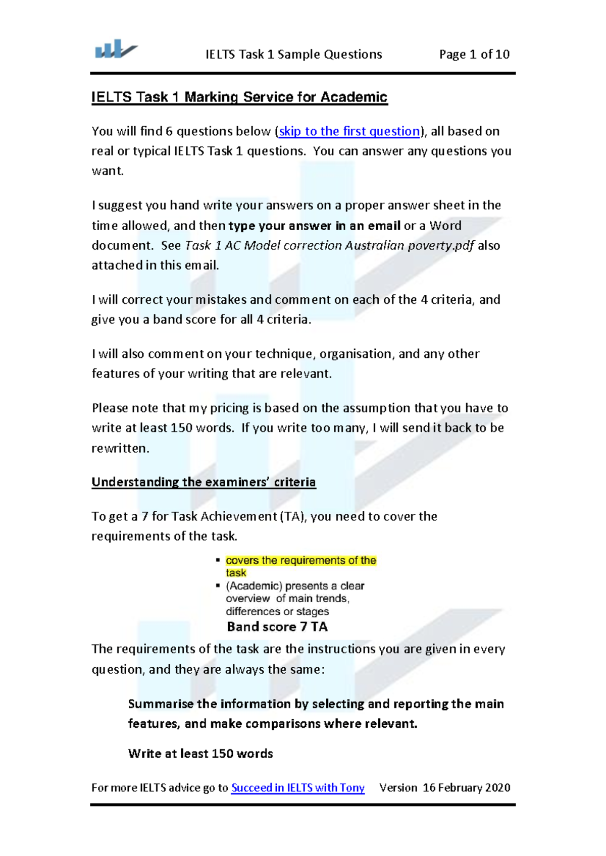 IELTS Task 1 Sample Questions & Marking Service Guide - Studocu