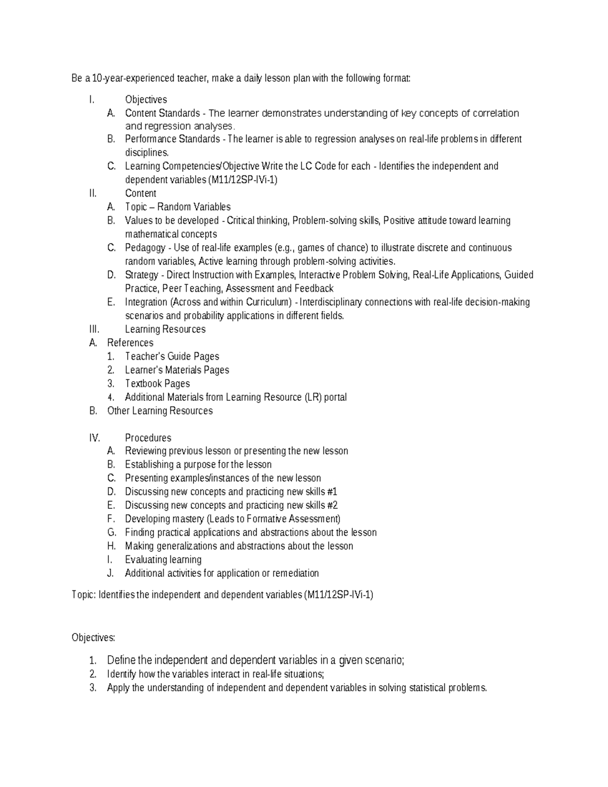 Daily Lesson Plan (DLL) Format: Correlation & Regression Concepts - Studocu