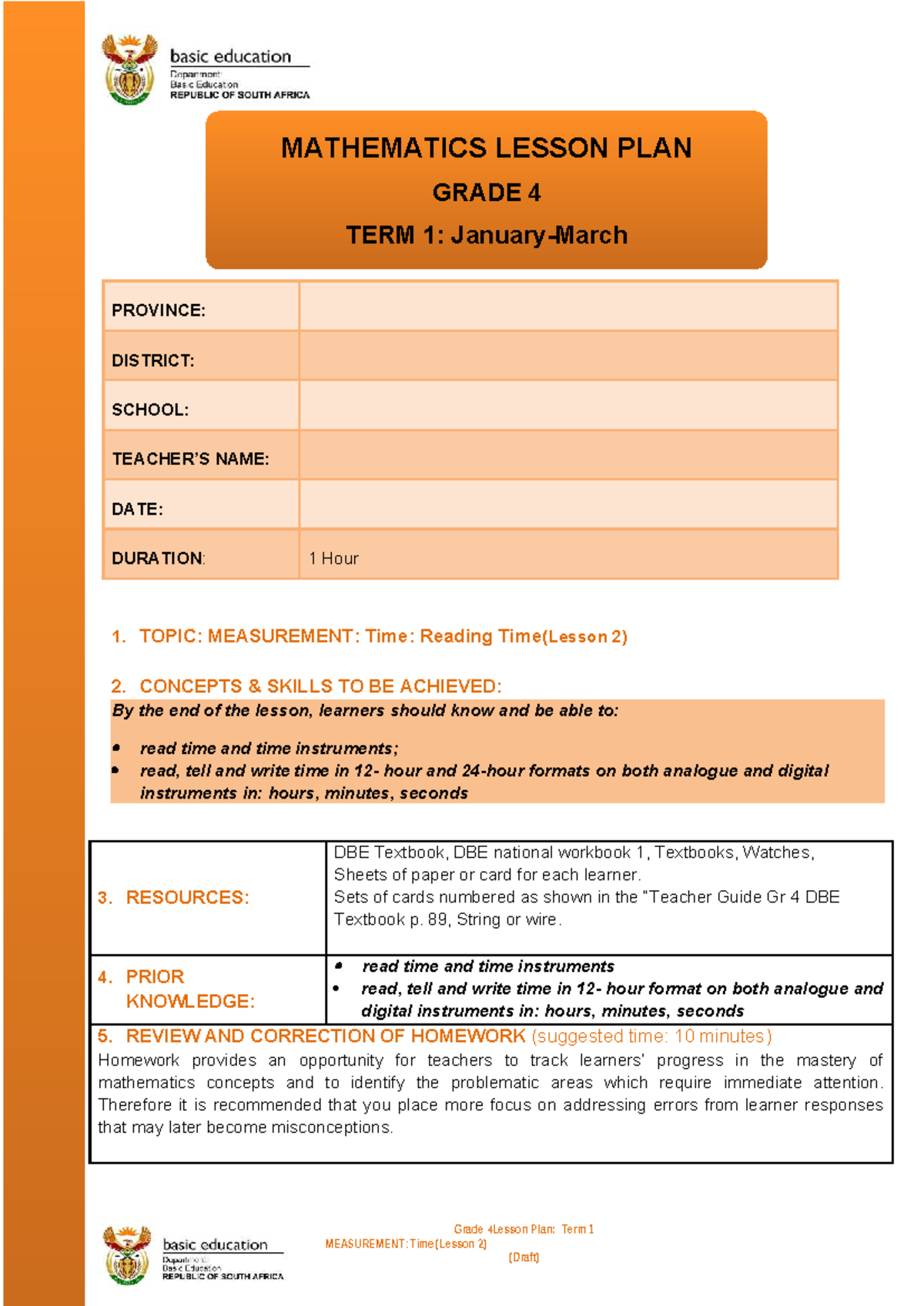MATHEMATICS GRADE 4 TERM 1 LESSON PLAN: MEASUREMENT TIME - Studocu