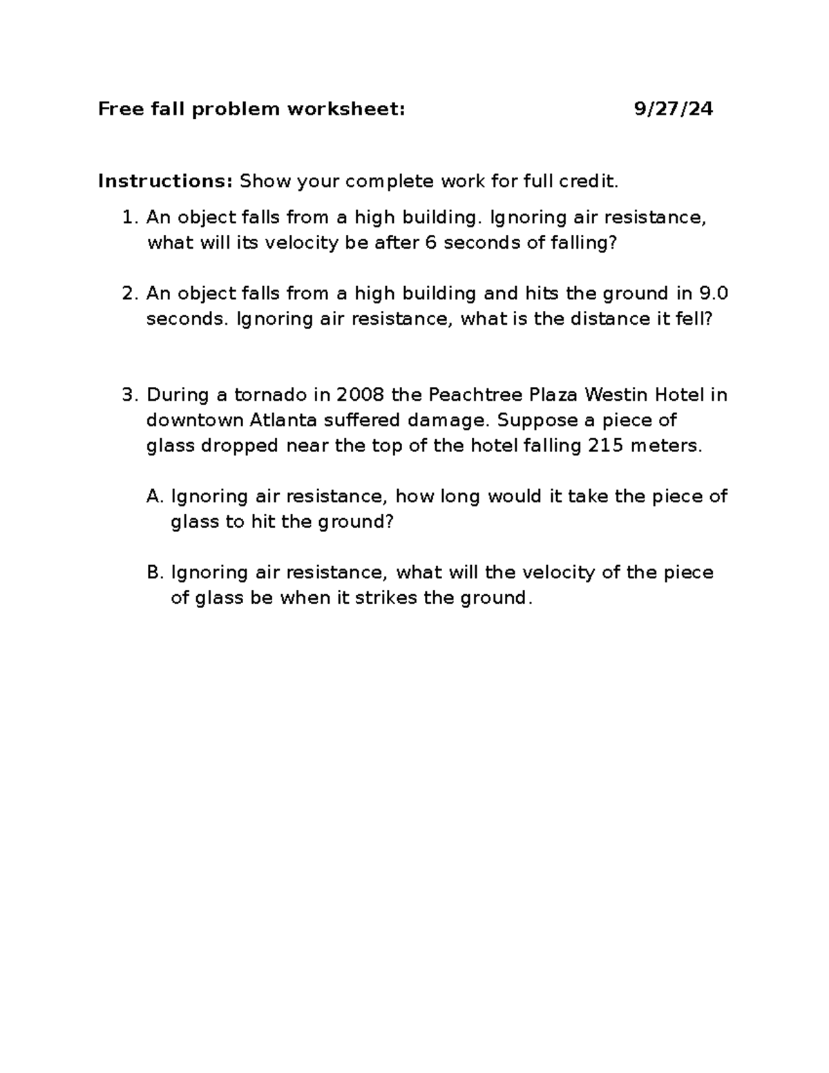 Free Fall Problems Worksheet - Physics 101 - Complete Work Required - Studocu