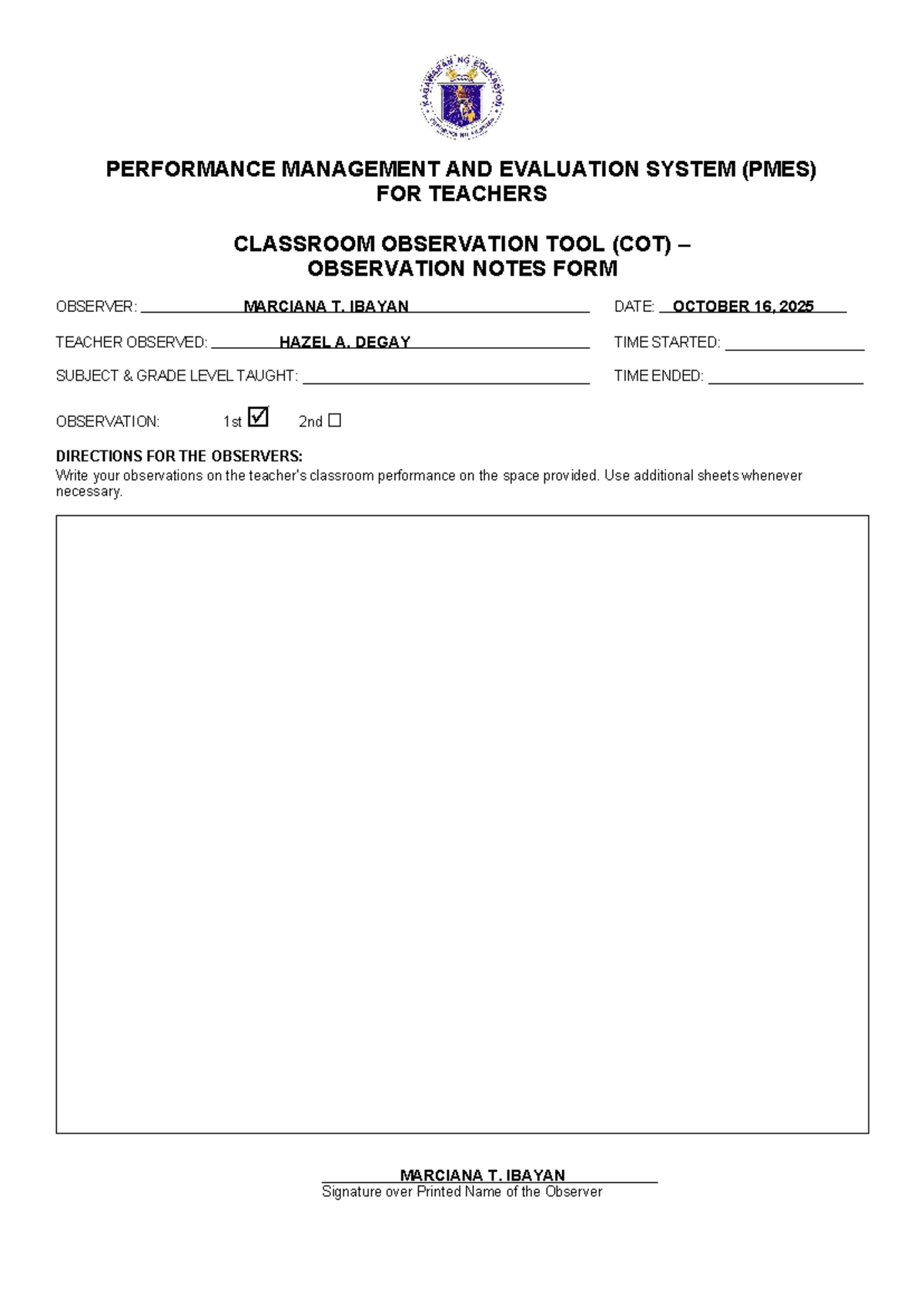 PMES COT Observation Notes Form for Teachers - Annex E-4 - Studocu