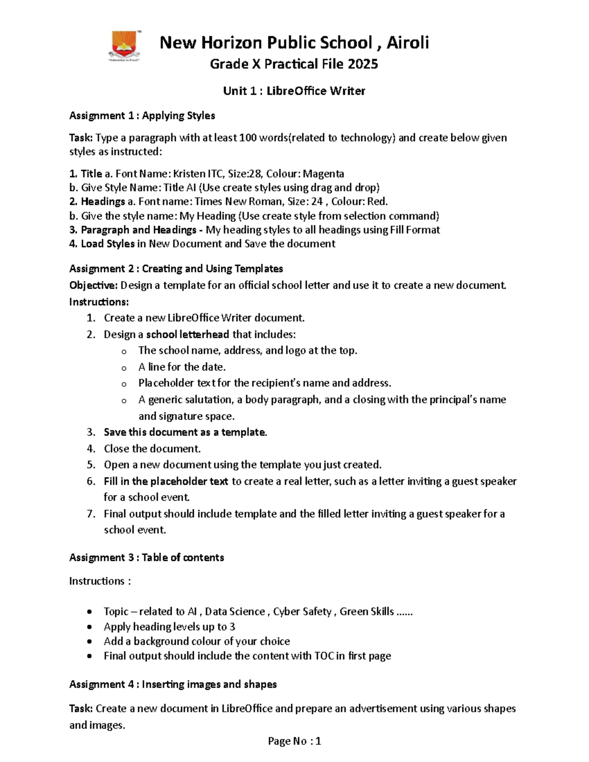 IT Project: Grade X Practical File 2025 - LibreOffice Assignments - Studocu