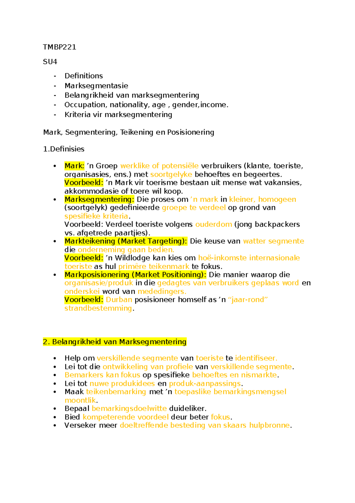 TMBP221 SU4 Marksegmentering en Posisionering: Definisies en Kriteria ...
