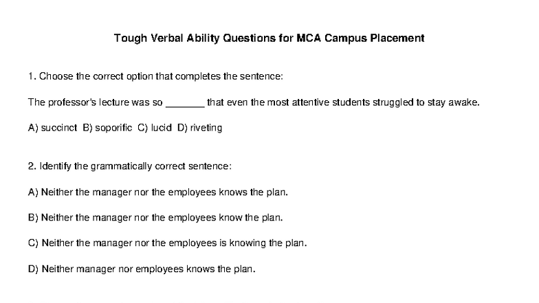 Tough Verbal Ability Questions for MCA Campus Placement Exam - Studocu