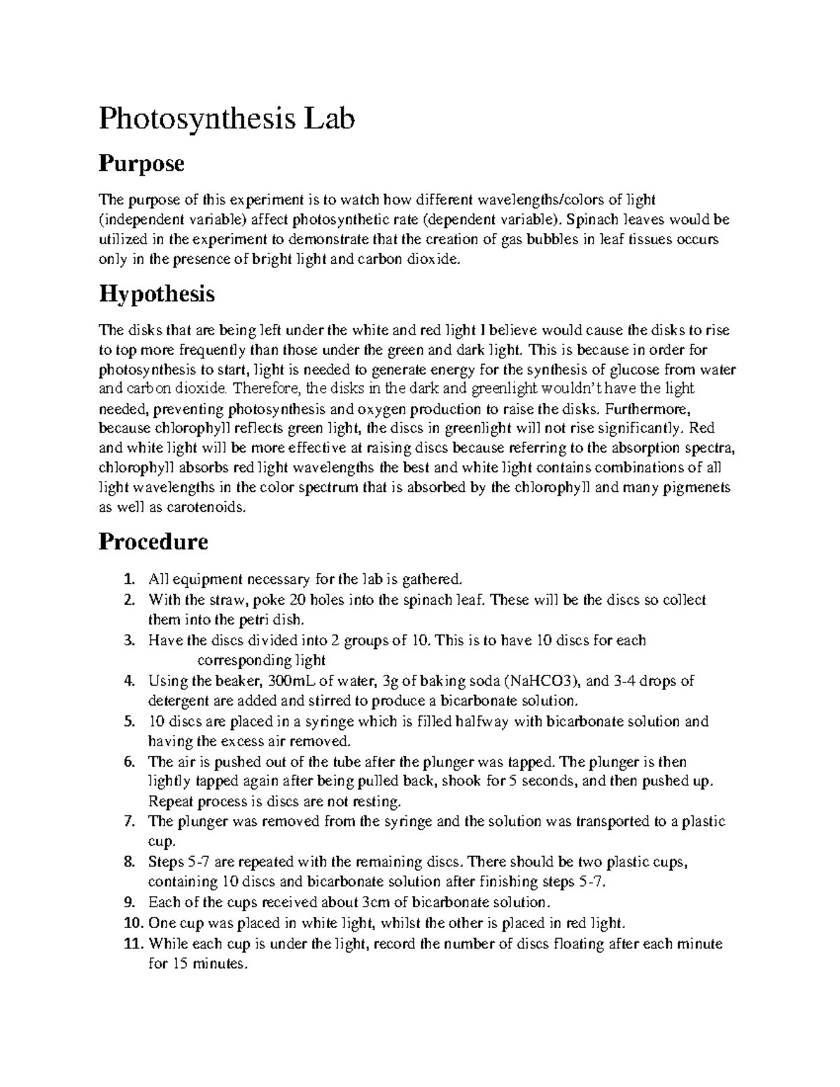 Photosynthesis Lab Report - Biology 11: Light Wavelengths Experiment ...