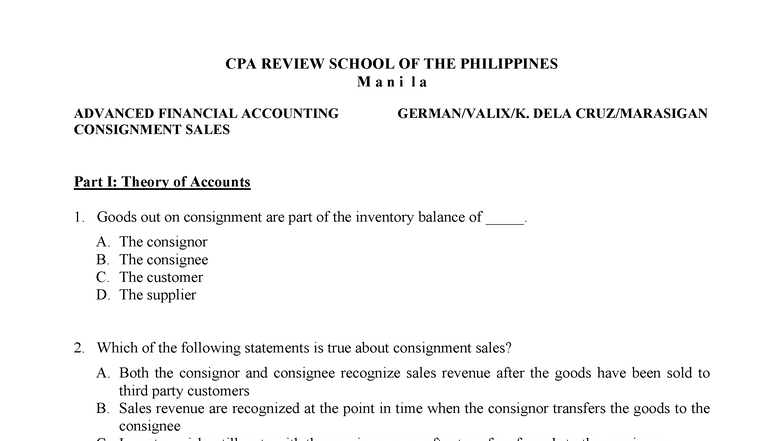 CPA 9208: Advanced Financial Accounting - Consignment Sales Test Bank ...