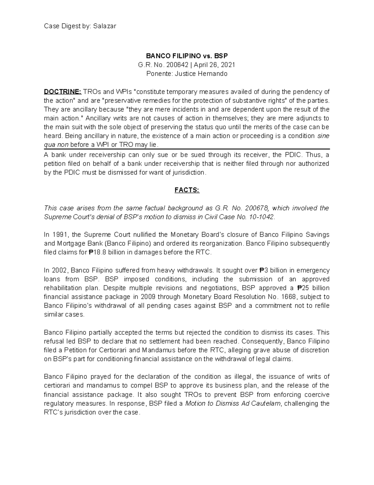 Case Study: Banco Filipino vs. BSP | G.R. No. 200642 Analysis - Studocu