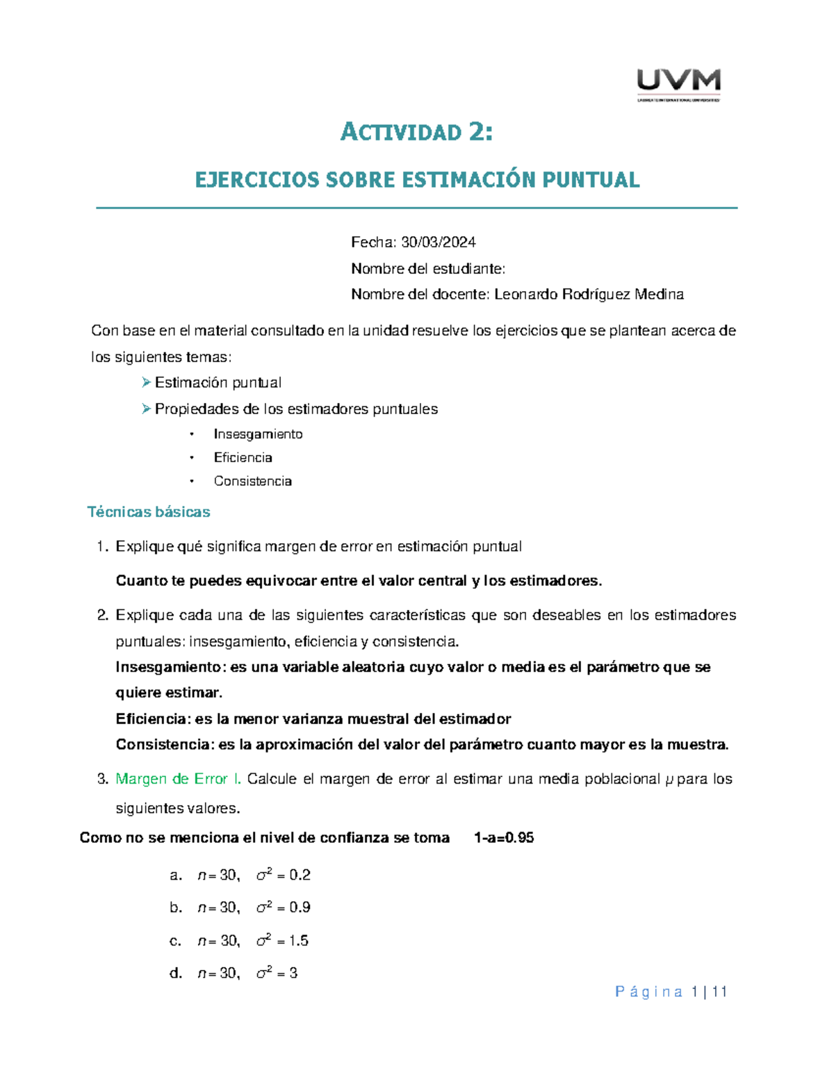 Ejercicios sobre Estimación Puntual - Actividad 2 - Studocu