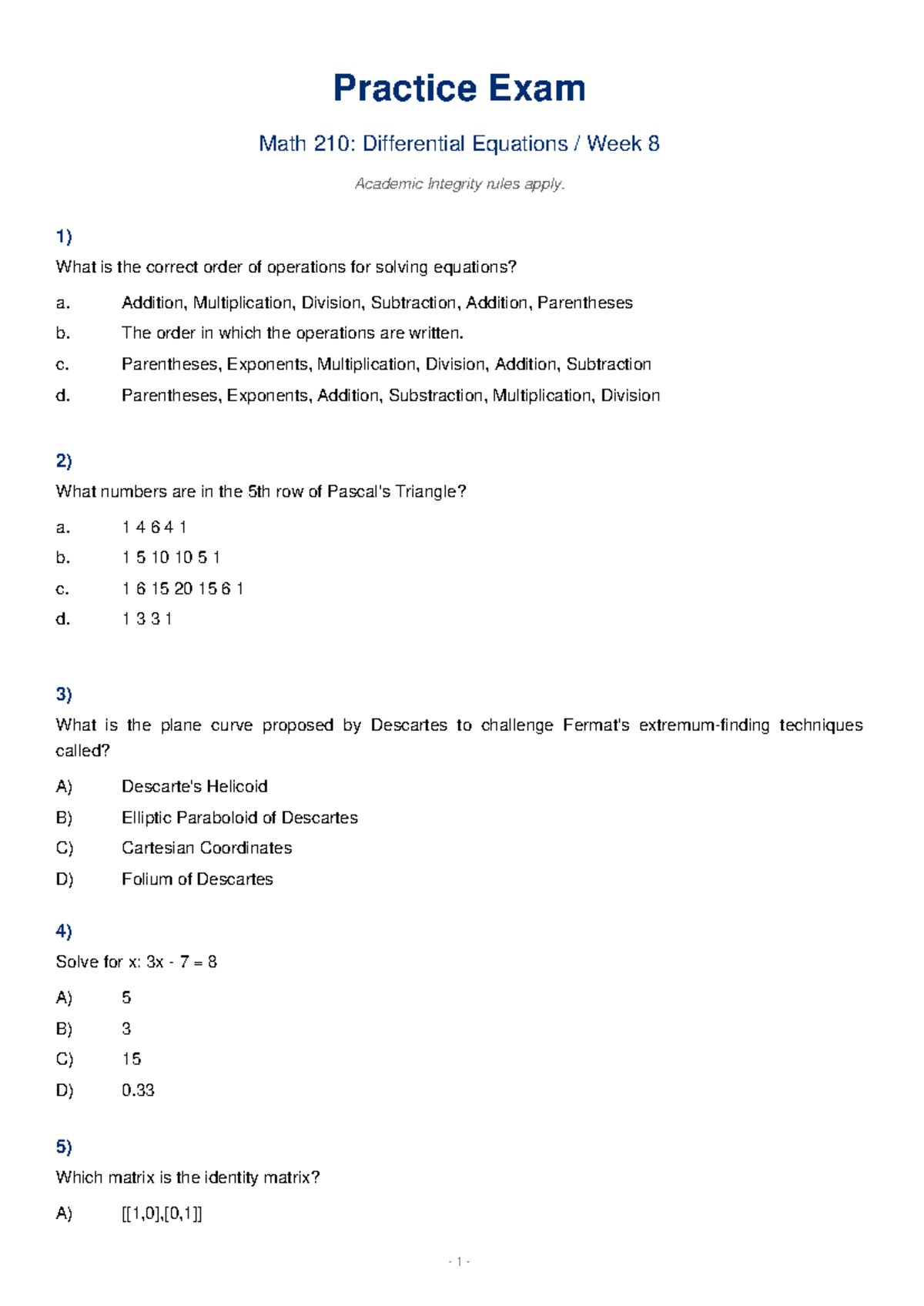 Practice Exam Math 210: Differential Equations Week 8 Review - Studocu