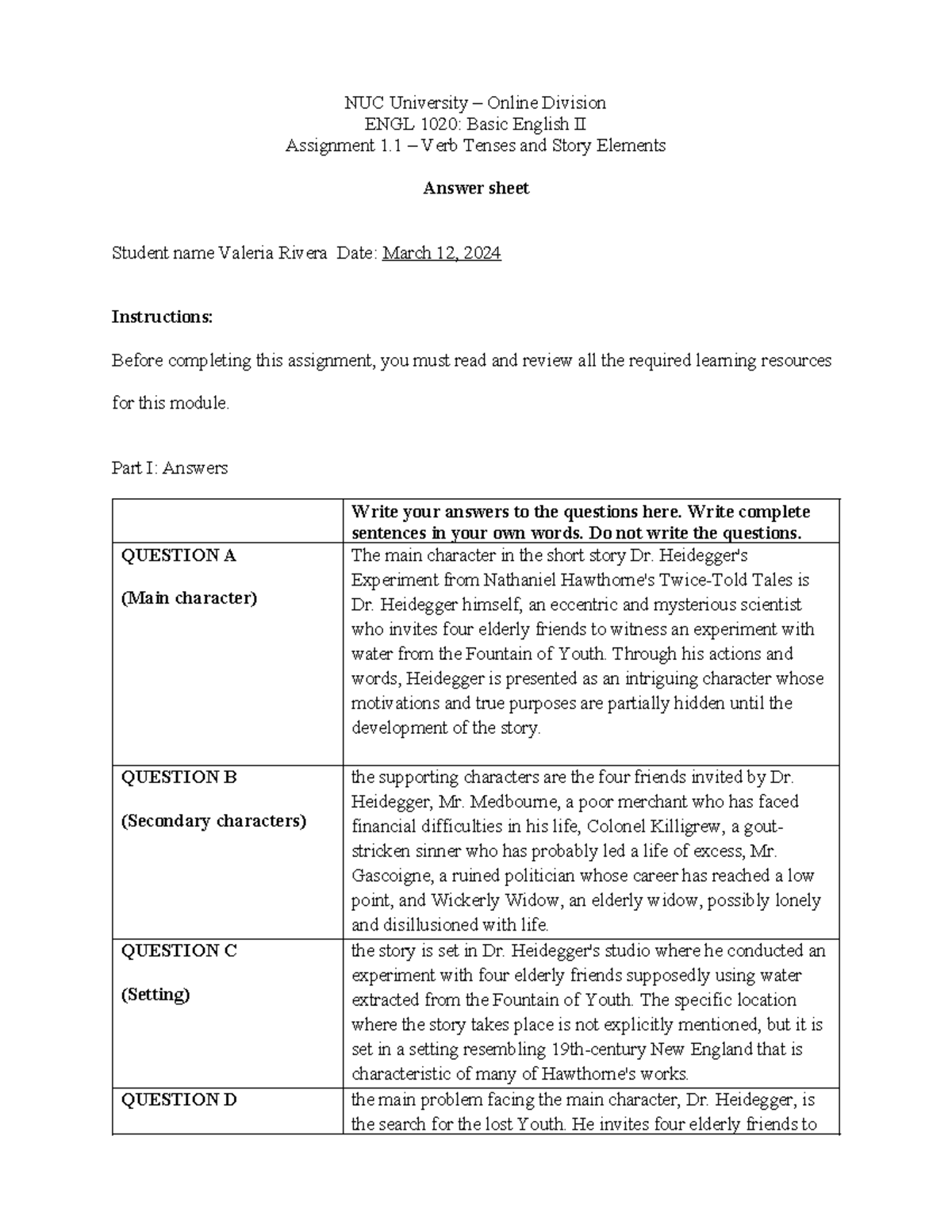 ENGL 1020: Assignment 1.1 - Analysis of Verb Tenses & Story Elements ...