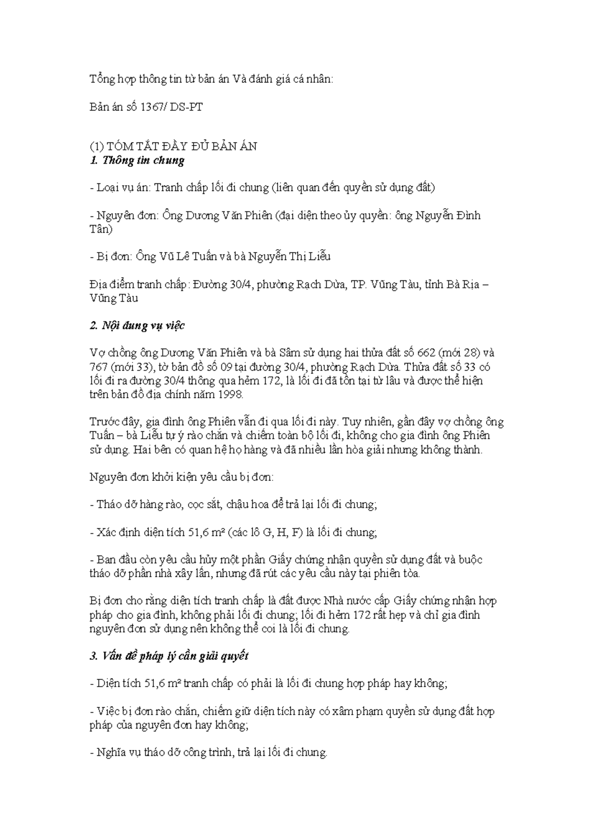Tóm Tắt Bản Án Số 1: Tranh Chấp Lối Đi Chung Tại Vũng Tàu - Studocu