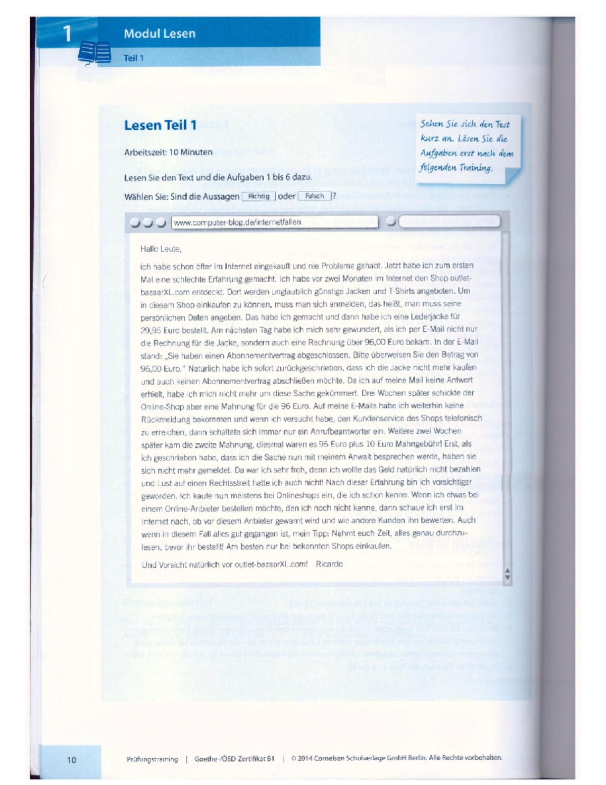 B1 Modul Lesen Teil 1-5 Prüfungstraining 2014: Cornelsen Modelltest 1 ...