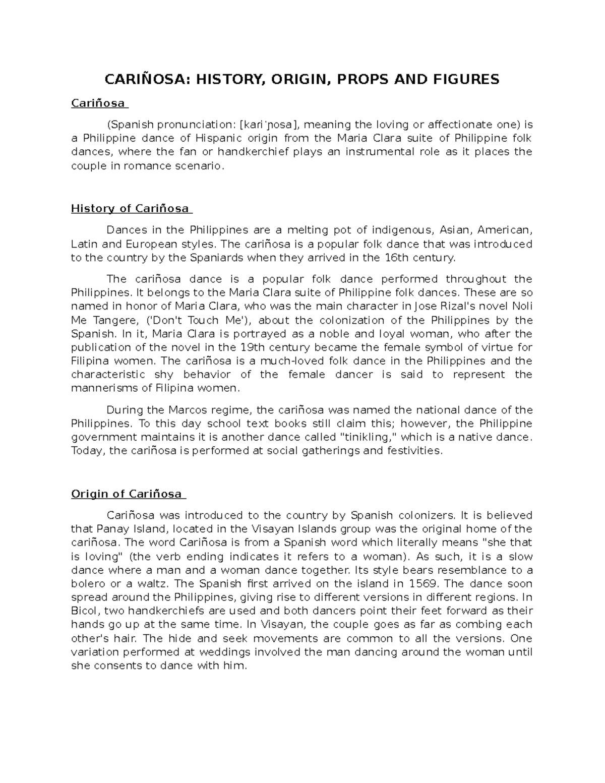 CARIÑOSA: History, Origin, Figures and Props - Lecture Notes - Studocu