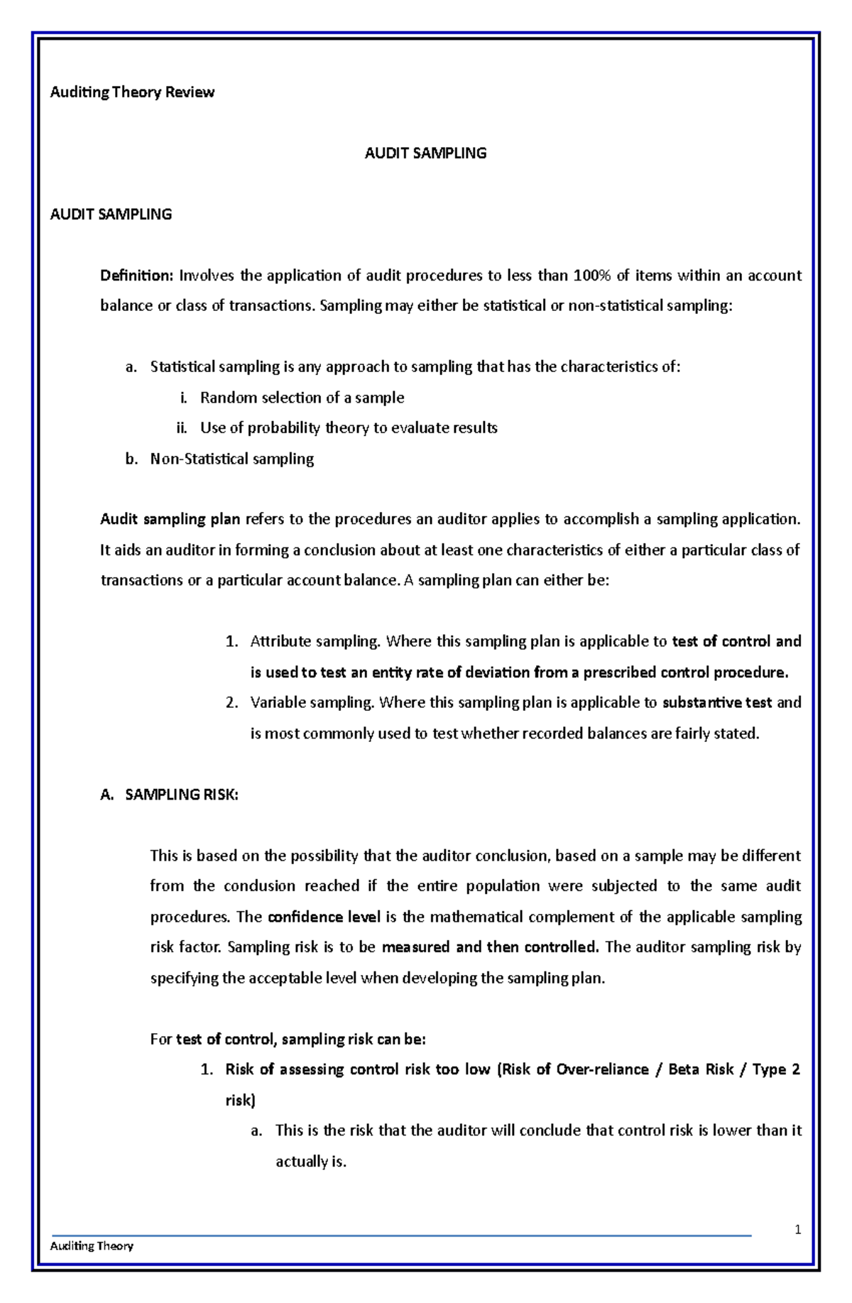 Audit Sampling Techniques and Plans in Auditing Theory - Studocu