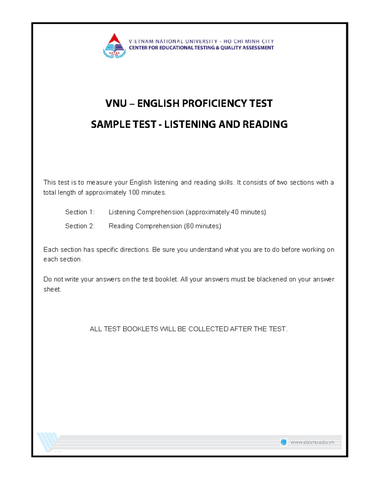 VNU ENGLISH PROFICIENCY TEST SAMPLE TEST: LISTENING & READING - Studocu