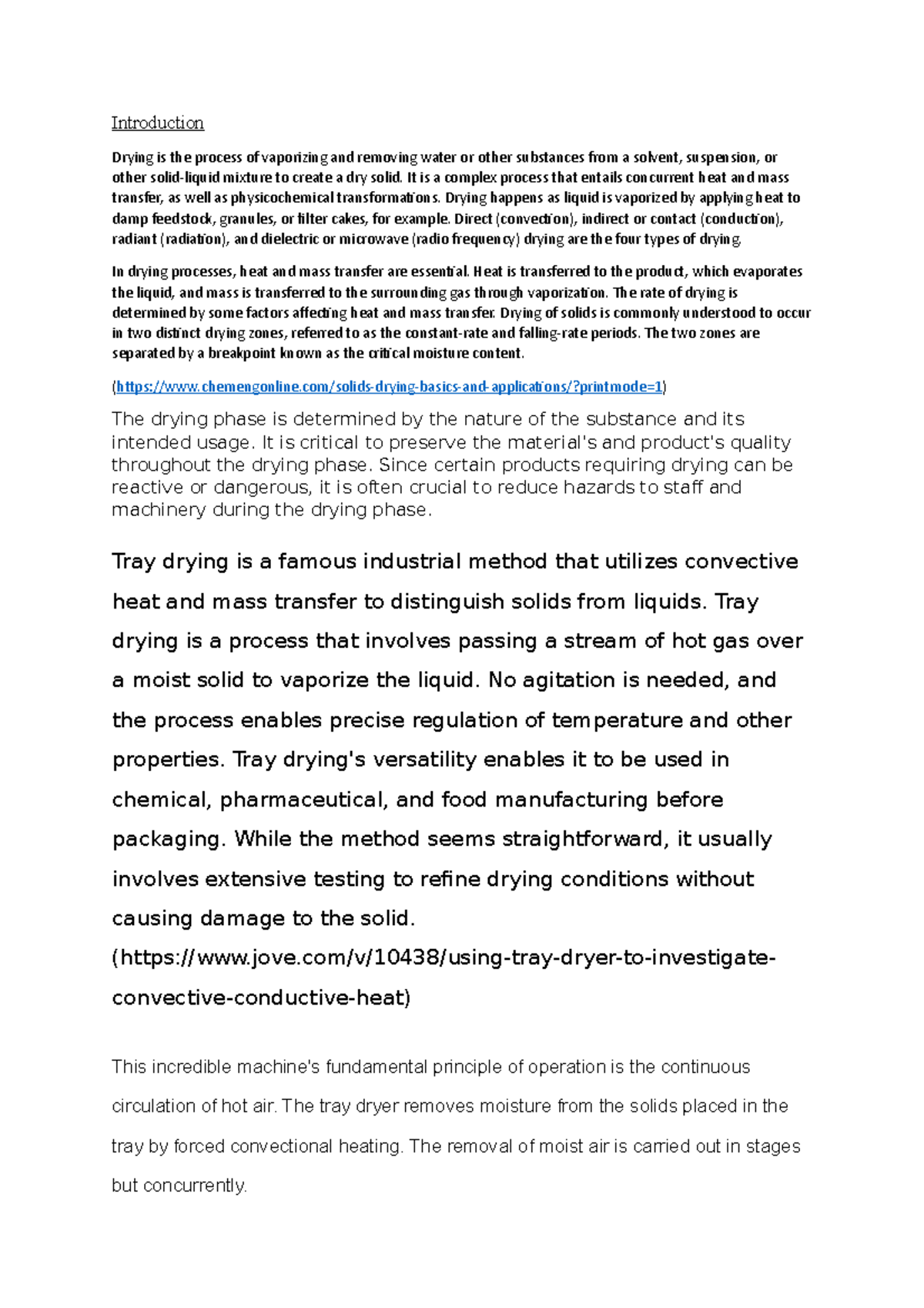 EXP 1 TRAY Dryer CMT450 Intro - Introduction Drying is the process of ...