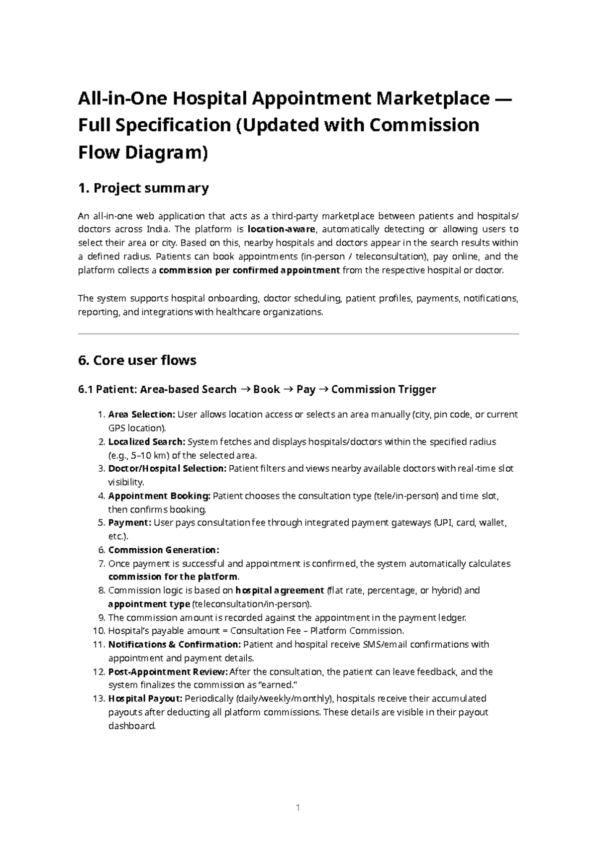 All-in-One Hospital Appointment Marketplace Spec (Incl. Commission Flow ...
