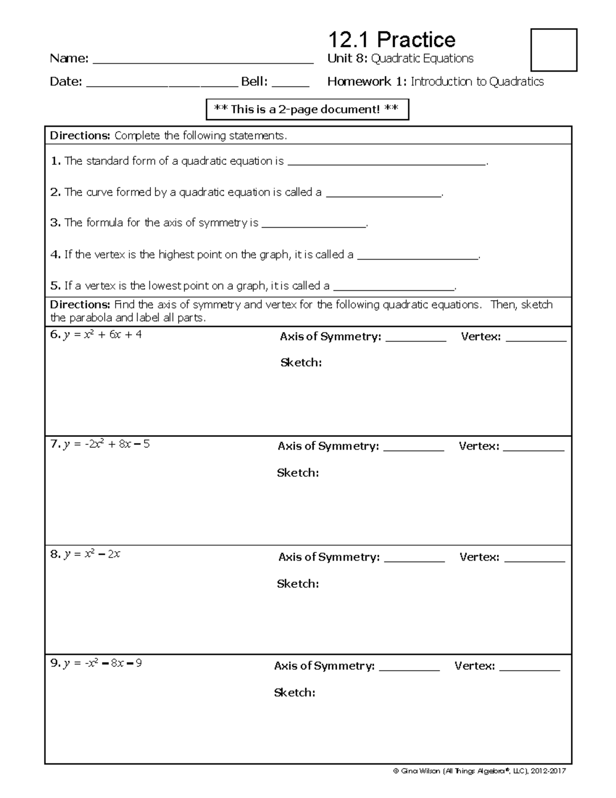 Unit 8: Quadratic Equations Homework 1 - Intro to Quadratics - Studocu
