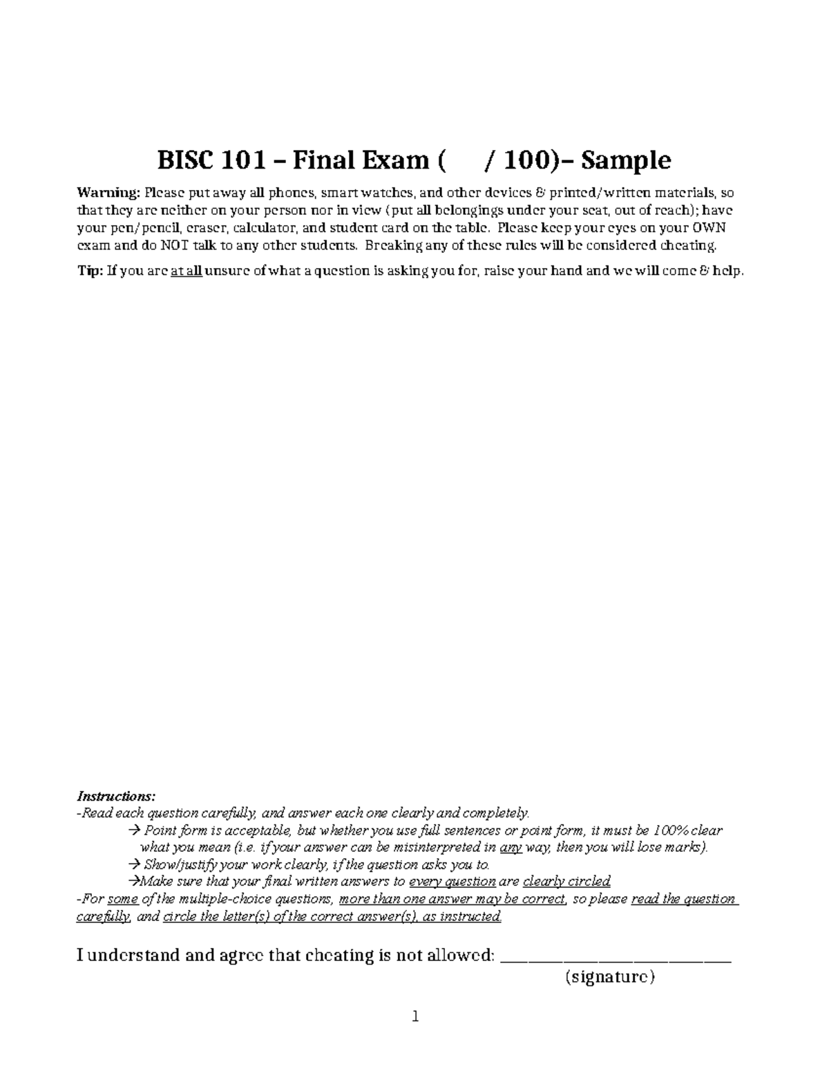 BISC 101 Sample Final Exam Key - Version 1 Analysis and Tips - Studocu