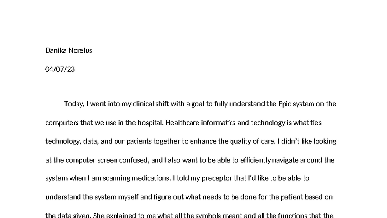 NUR 301 Clinical Shift Reflection: Understanding Epic System - Studocu