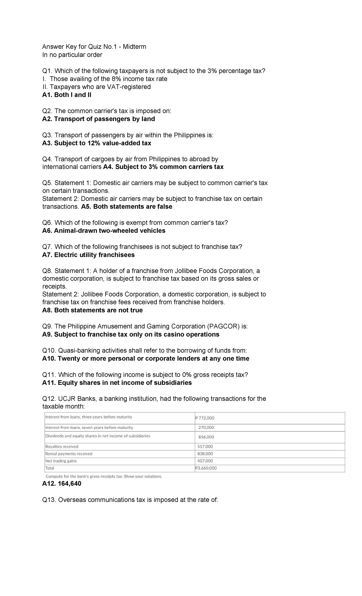 Answer Key for TAX 2 Midterm Quiz on Business Tax - Studocu