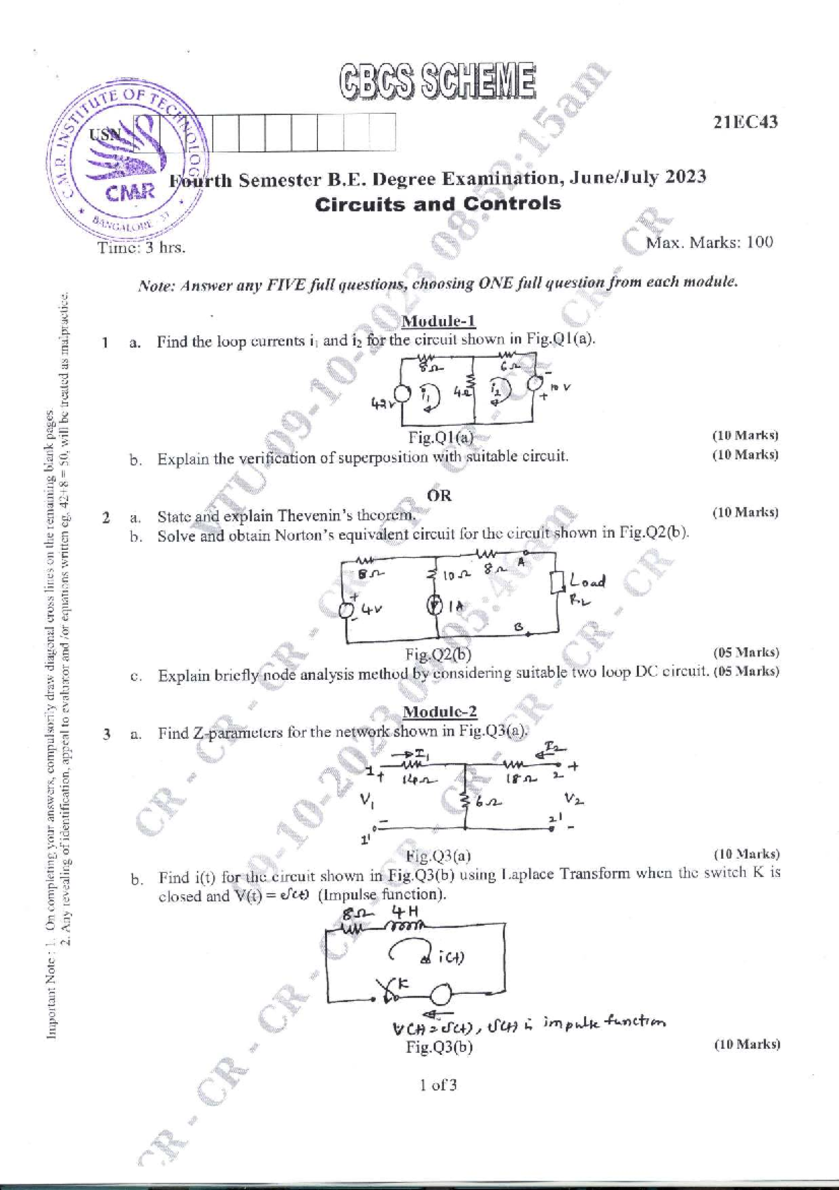 VTU Question Paper 21EC43 Circuits & Controls June-July 2023 - Studocu