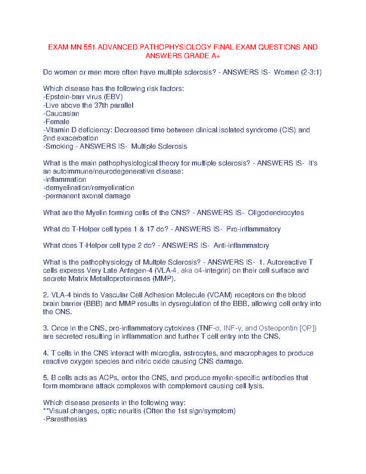 MN 551 Advanced Pathophysiology Final Exam Q&A with Grade A+ Insights ...