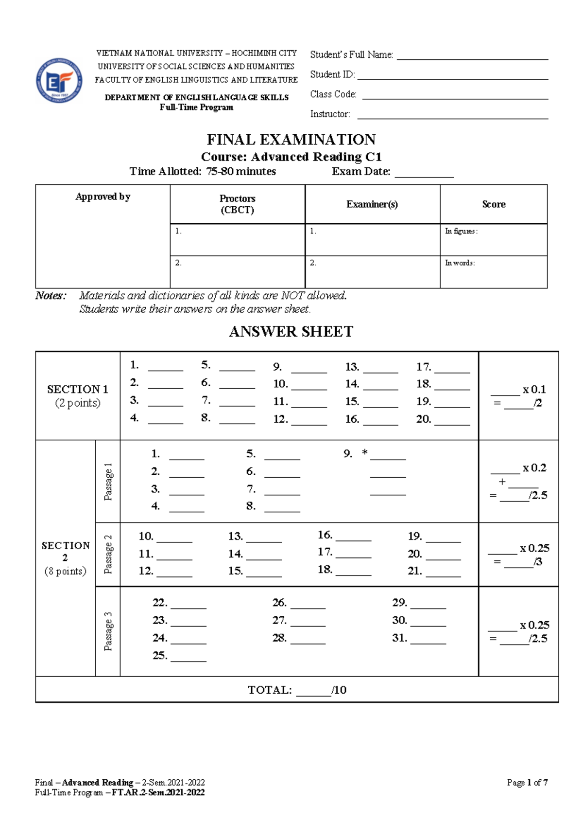 Final Exam - Advanced Reading C1 - FT - Sem 2020 - 2022 - Studocu
