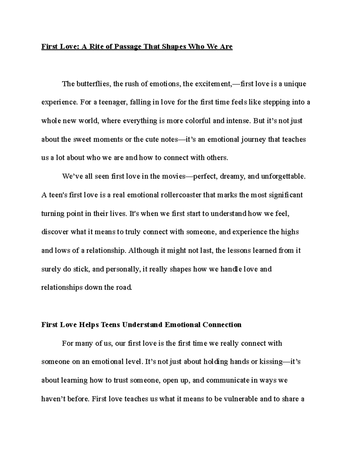 First Love: Emotional Growth and Lessons Learned - Notes - Studocu