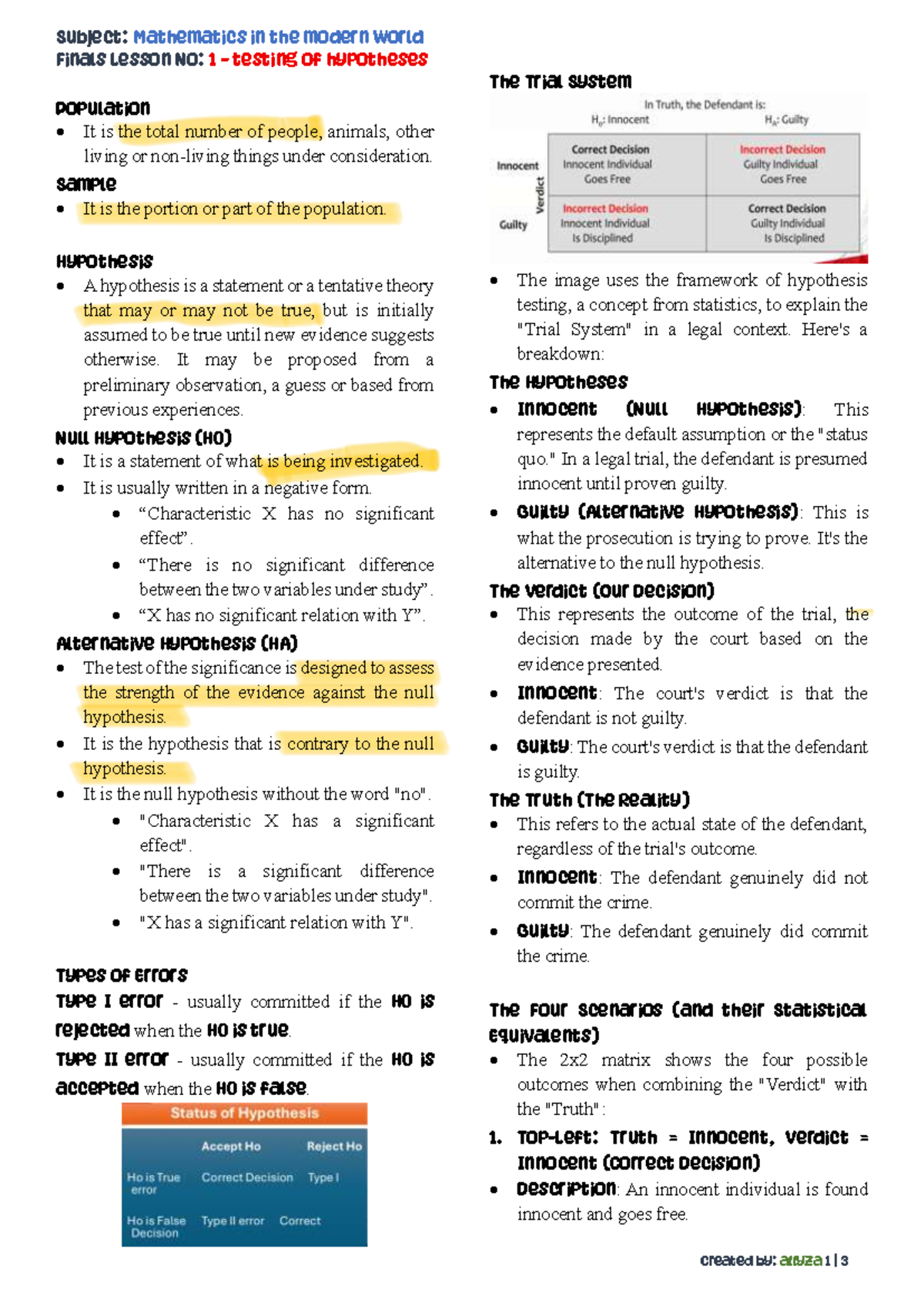 Mathematics in the Modern World: Finals Lesson 1 on Hypothesis Testing ...
