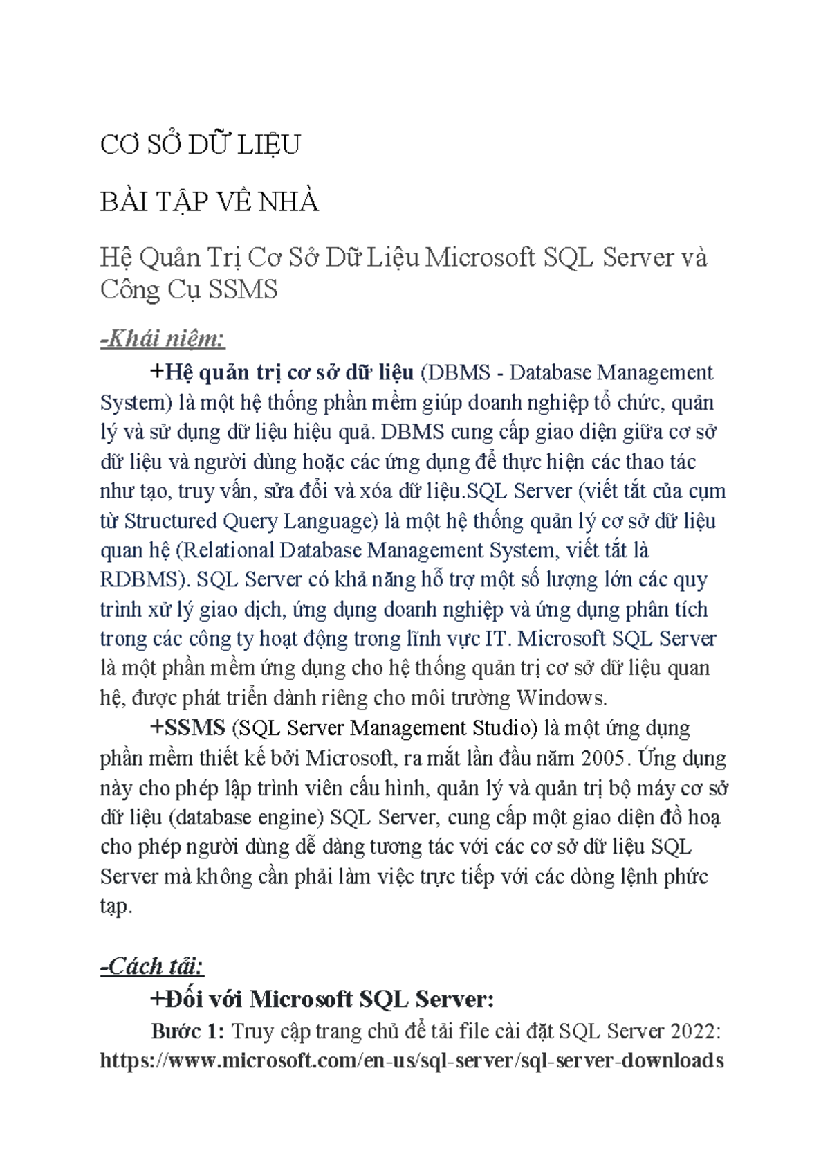 MicrosoftSQLServer & SSMS - CƠ SỞ DỮ LIỆU BÀI TẬP VỀ NHÀ Hệ Quản Trị Cơ ...