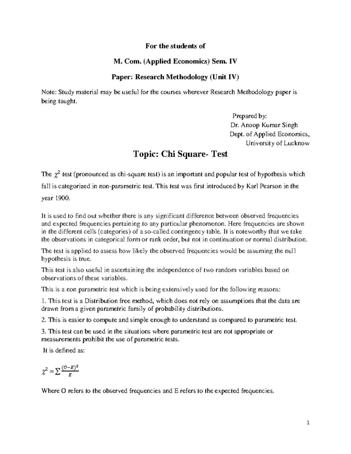 M. Com. (Applied Economics) Sem. IV: Chi Square Test Notes - Studocu