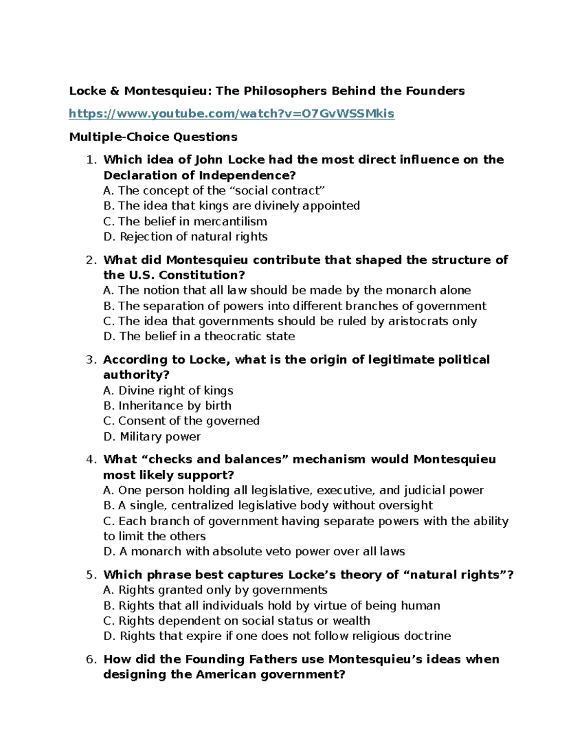 Locke and Montesquieu: Philosophical Influences on US Founding - Studocu