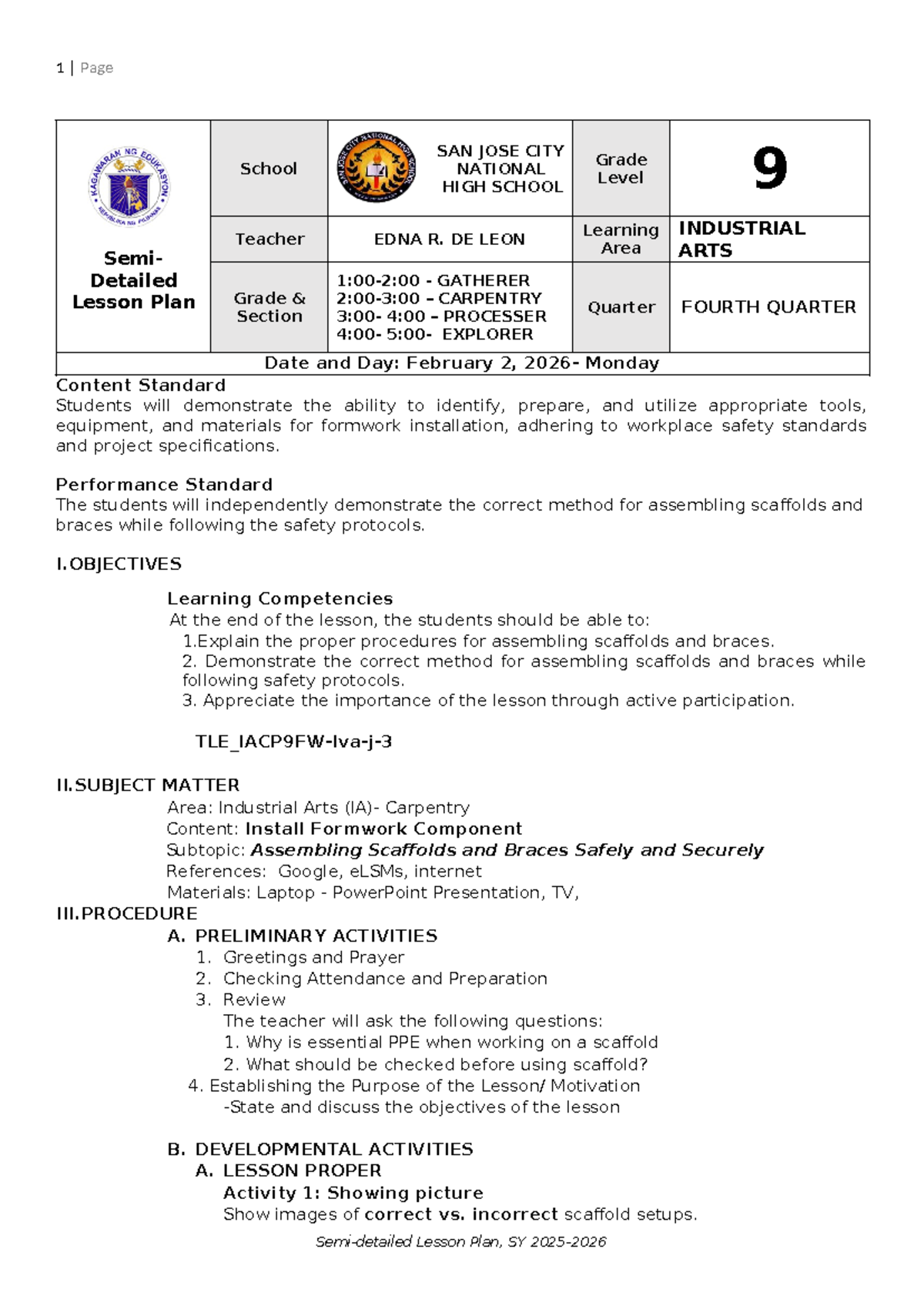 Semi-Detailed Lesson Plan on Scaffold Assembly (Grade 9 - Industrial ...