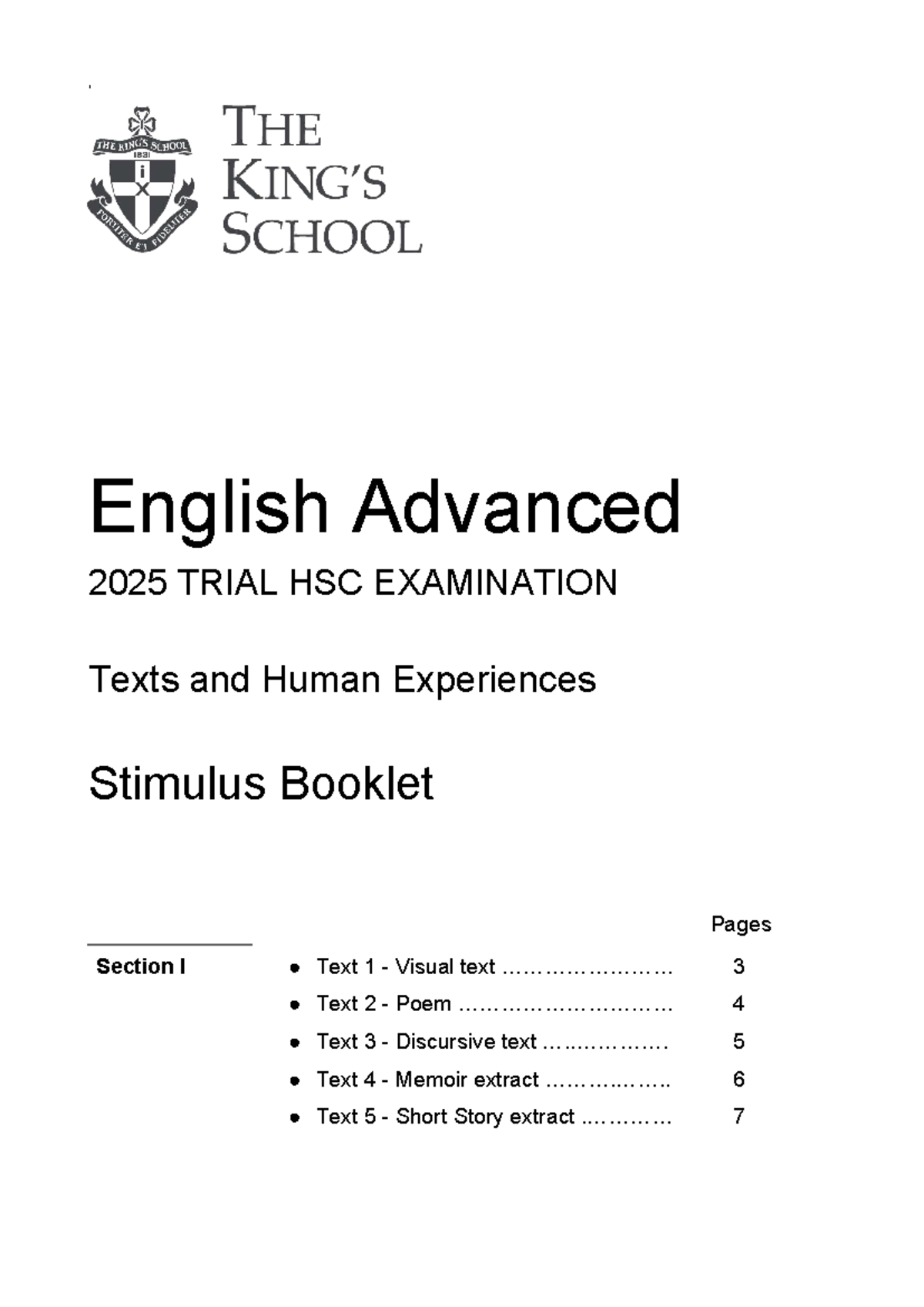 Kings 12ADV2025 Trial HSC Exam Stimulus Booklet on Texts & Human ...