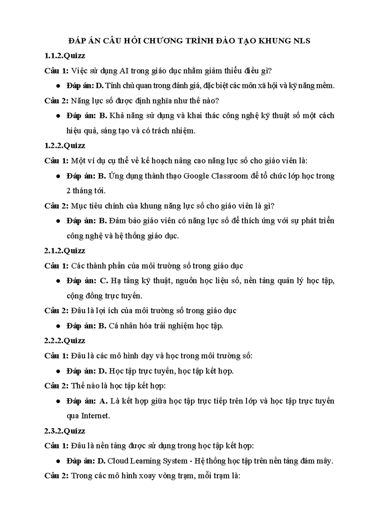 ĐÁP ÁN QUIZ VỀ NĂNG LỰC SỐ TRONG GIÁO DỤC NLS 1.1.2 - Studocu