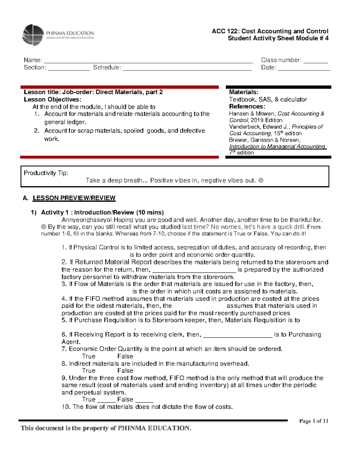 ACC 122 Lesson 4: Job-Order Costing for Direct Materials - Studocu