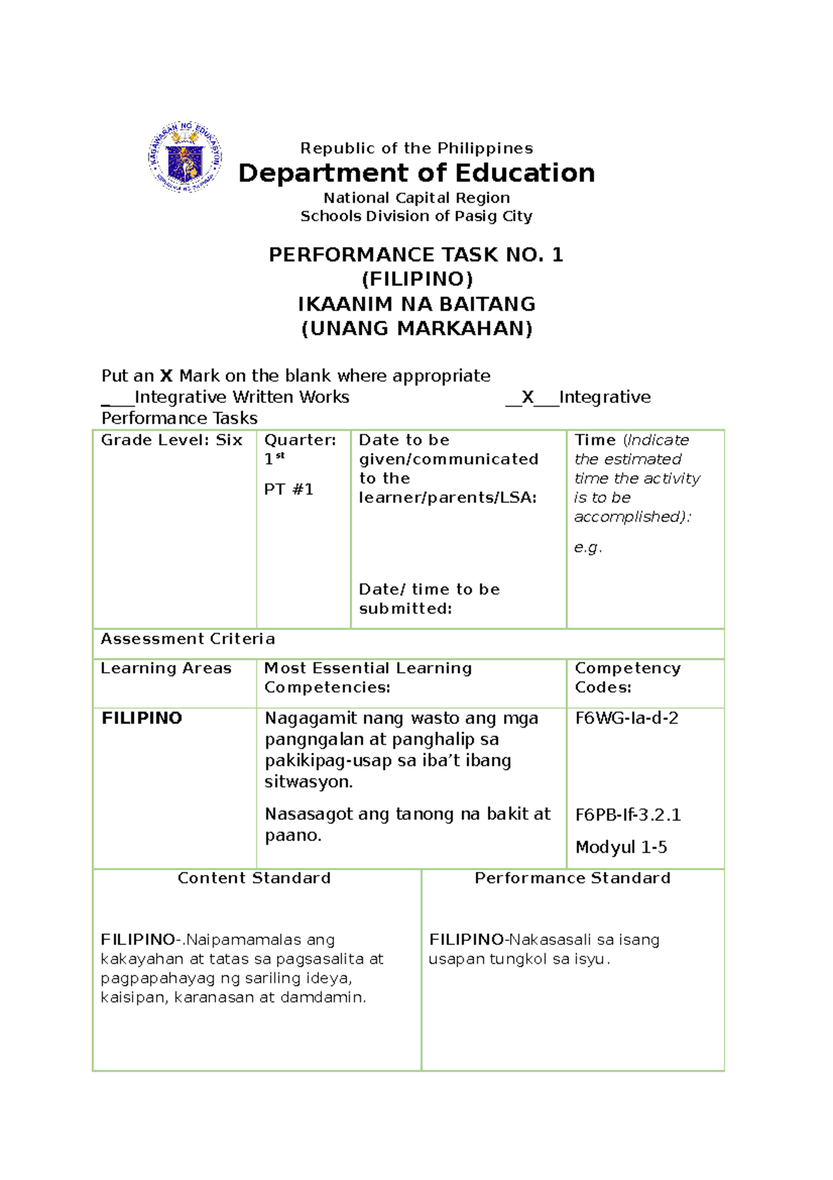 Q1-PT1: Filipino 6 Performance Task on Bayanihan and Writing Skills ...
