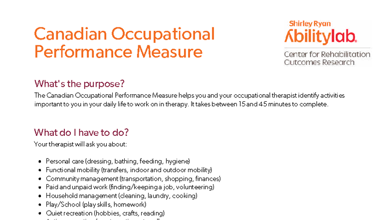 Canadian Occupational Performance Measure (COPM) - Overview Guide - Studocu