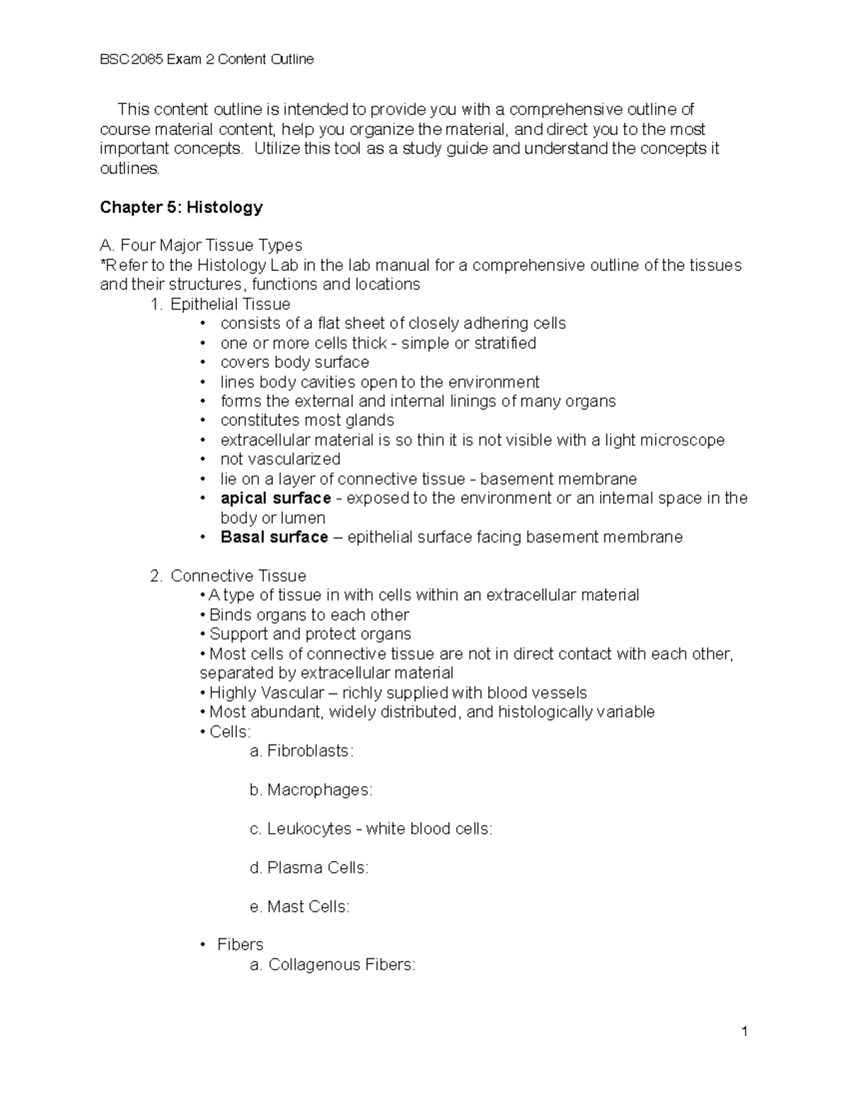 BSC 2085 Exam 2 Content Outline: Histology & Integumentary System Study ...