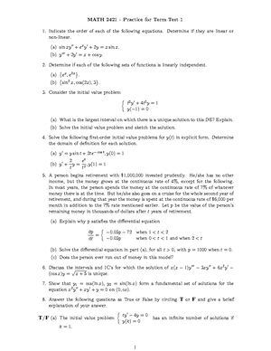 Math275-Midterm-Review - MATH 4010 - MATH 275 - MIDTERM - REVIEW Problem 1 (Section 2: 1- 30 ...