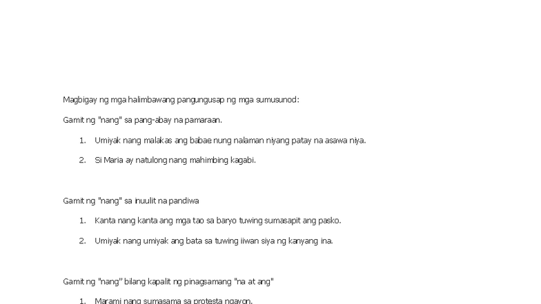 Nang at ng: Mga Halimbawa ng Gamit at Pangungusap - Studocu