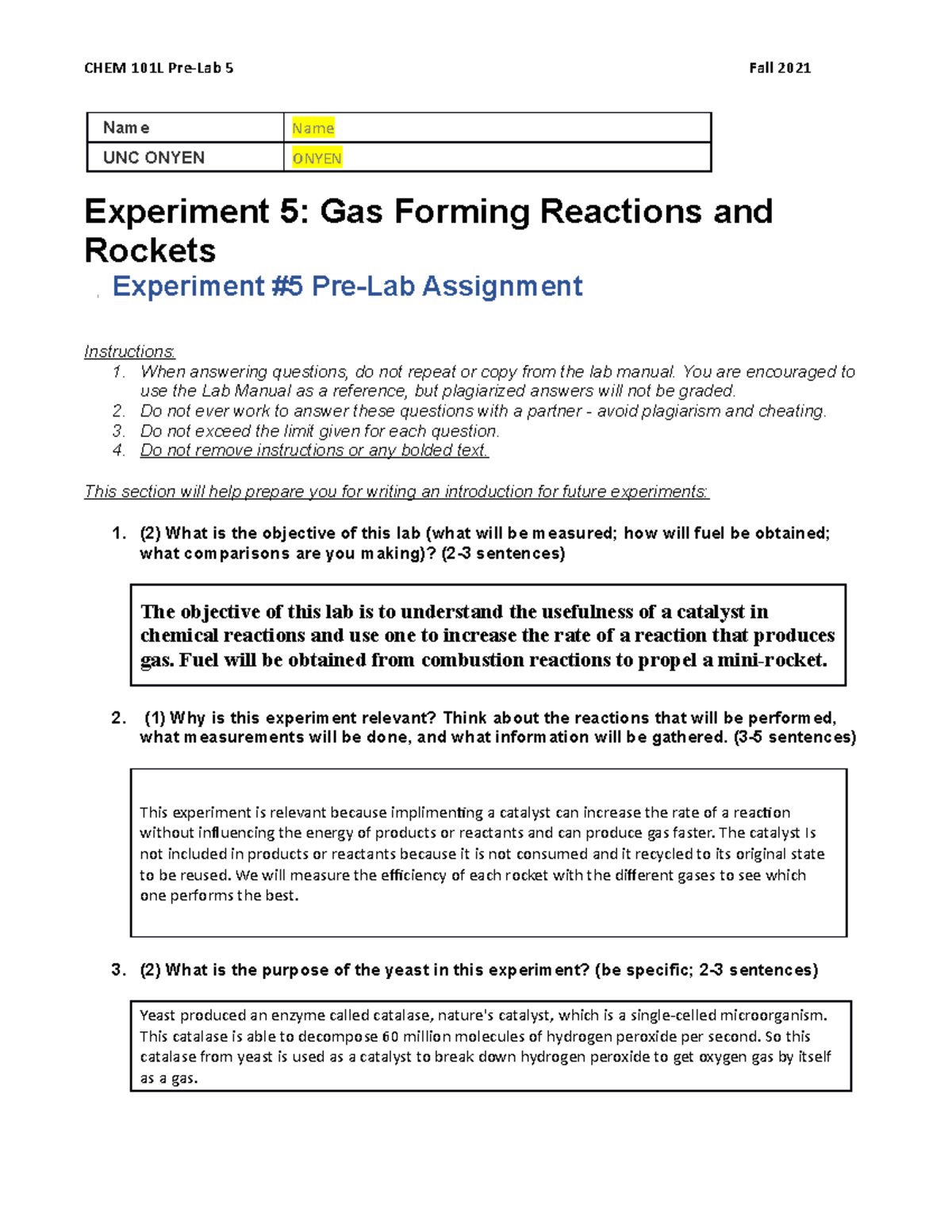 CHEM 101L Experiment 5 Pre-Lab: Gas Reactions & Rocket Propulsion ...