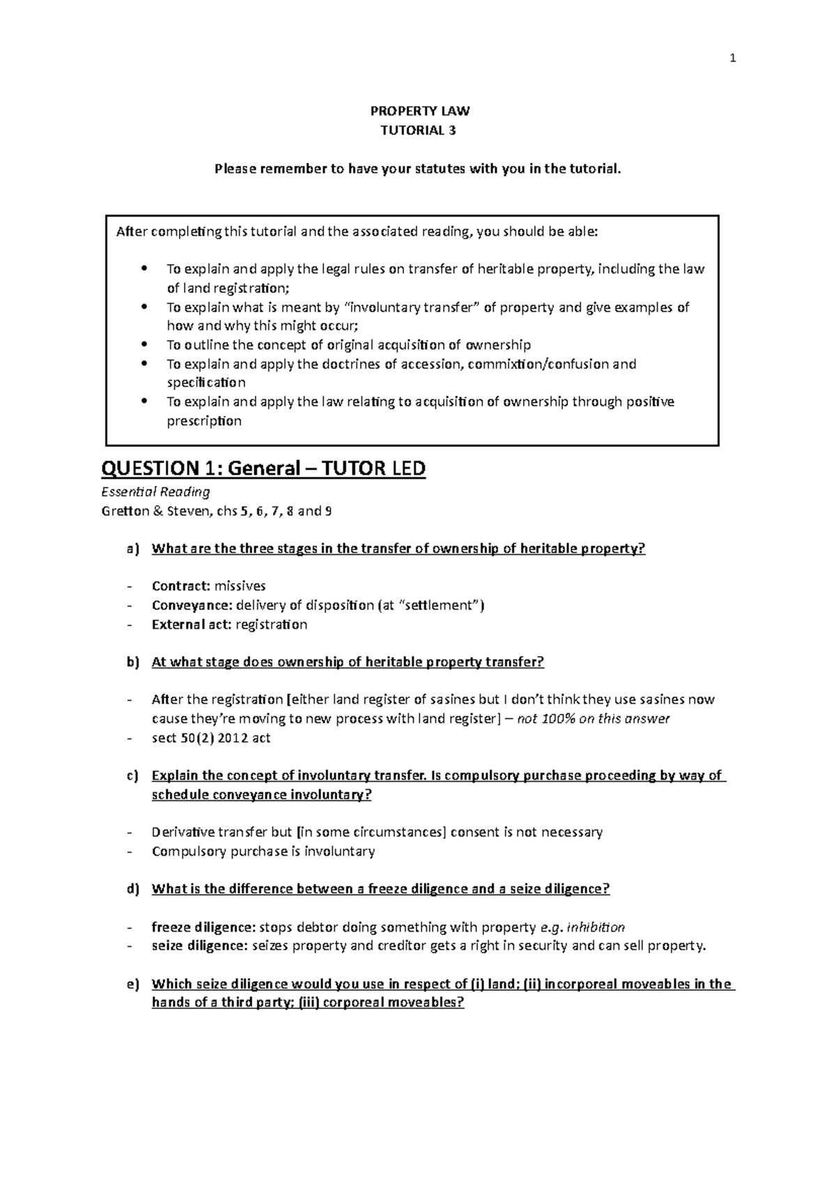 Property tutorial 3 - PROPERTY LAW TUTORIAL 3 Please remember to have ...
